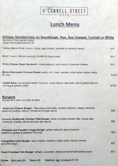 Menu at O'Connell Street Cafe, Sydney