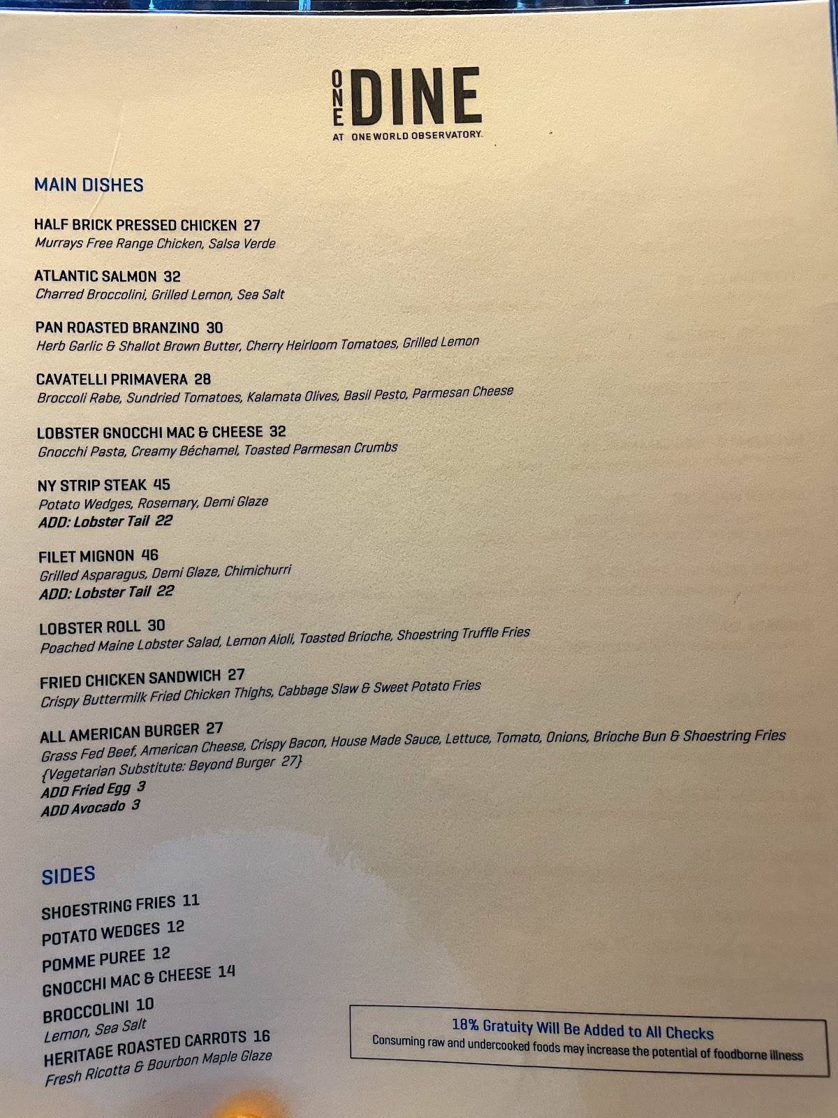 Menu at ONE Dine at One World Observatory restaurant, New York City