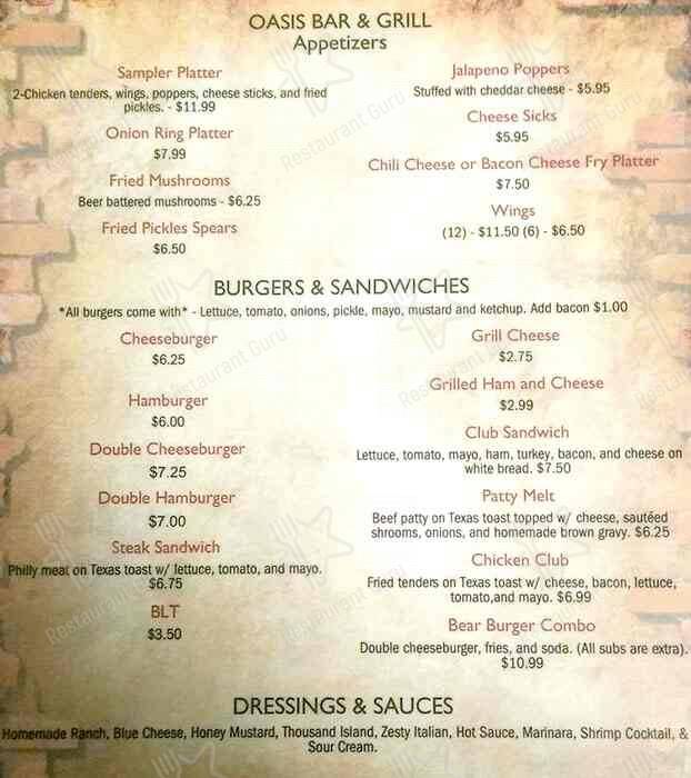 Menu at Oasis Bar & Grill, Cottondale