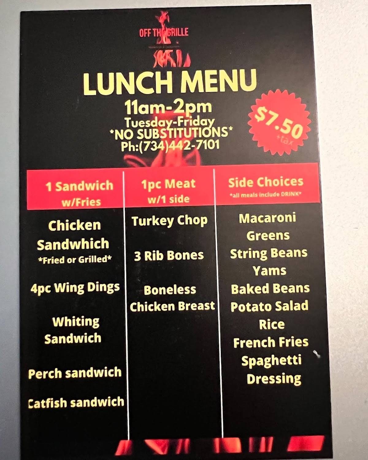 Menu at Off The Grille BBQ and Soulfood, Taylor