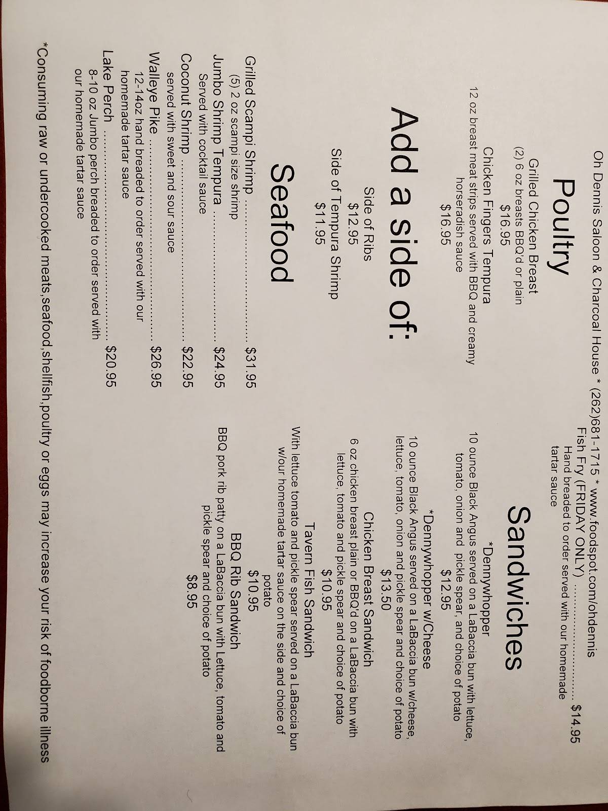 Menu at Oh Dennis! Saloon & Charcoal House BBQ, Racine