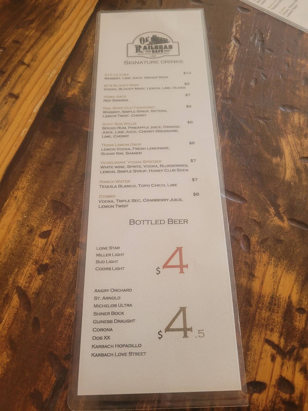 Menu at Ol' RailRoad Cafe, Rosenberg