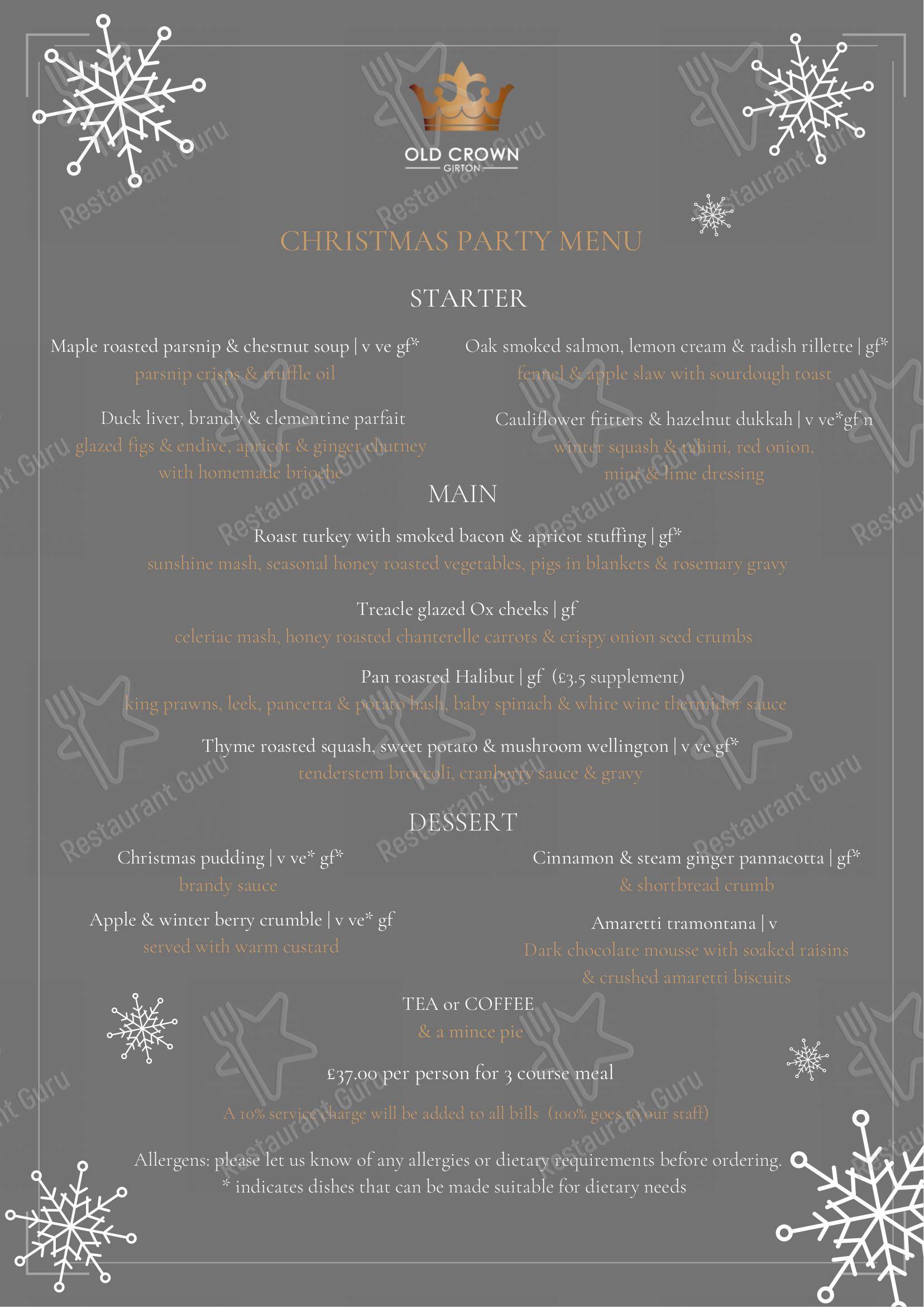Menu at Old Crown Girton pub & bar, Cambridge