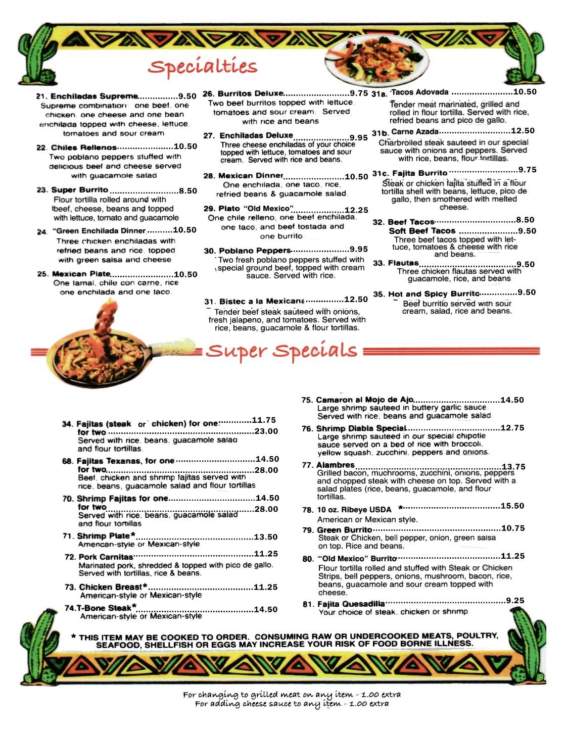 Menu at Old Mexico, mexican restaurant,, Perry