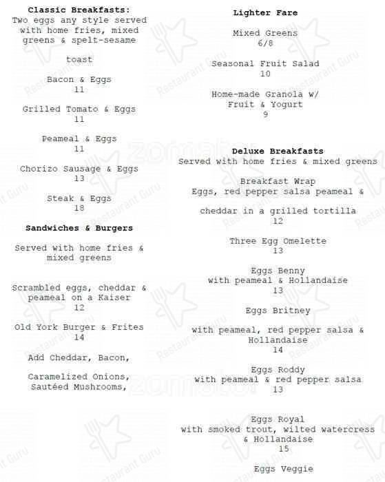 Menu at The Old York Tavern pub & bar, Toronto