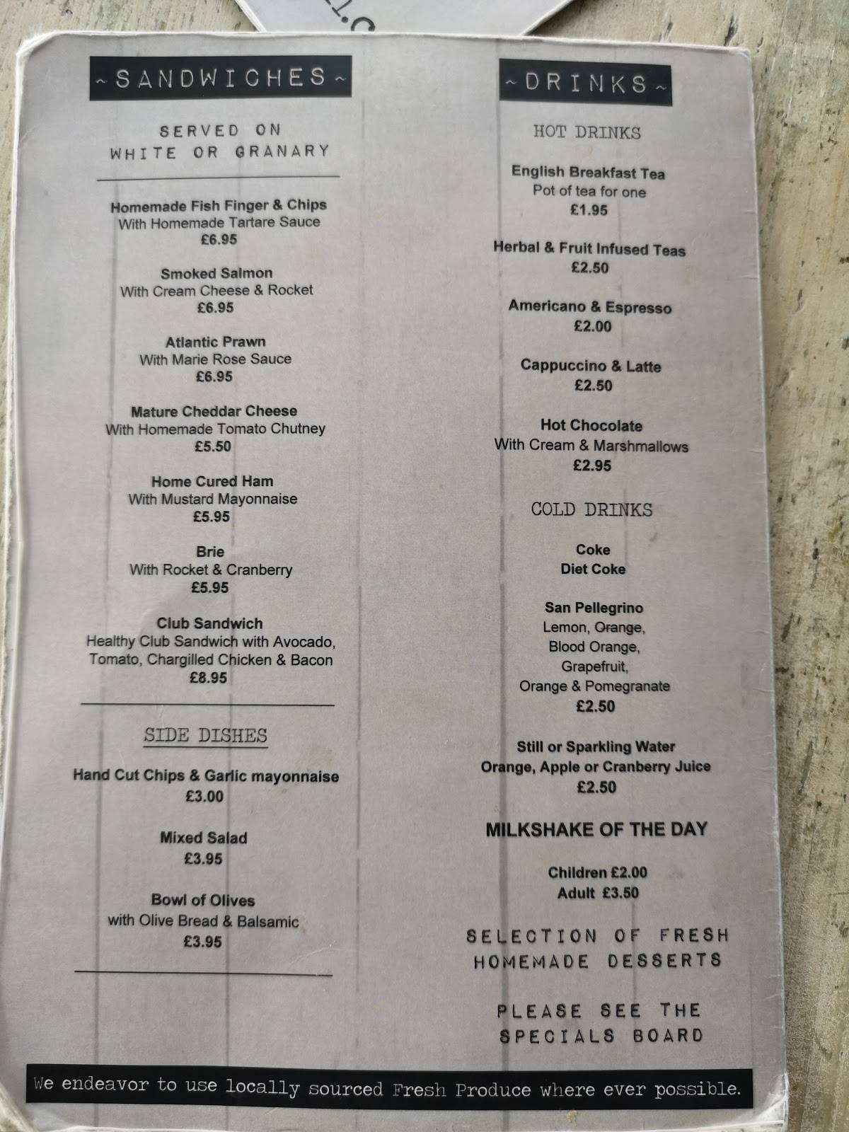 Menu at Oliver's on the Beach cafe, Southend-on-Sea