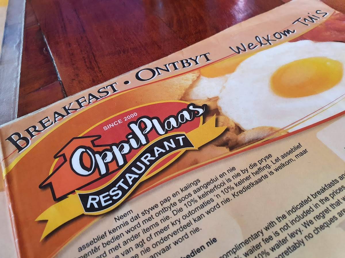 Menu at Oppiplaas restaurant, Pretoria