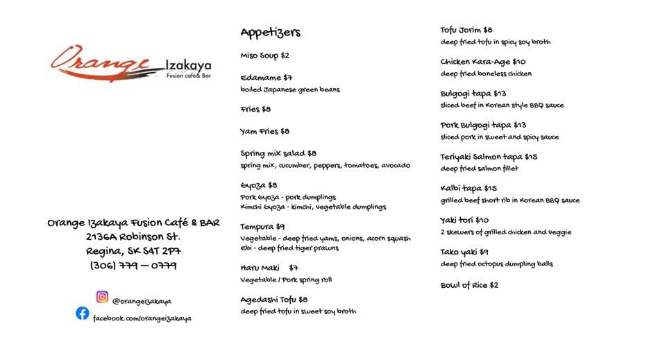 Menu at Orange Izakaya Fusion Cafe & Bar, Regina