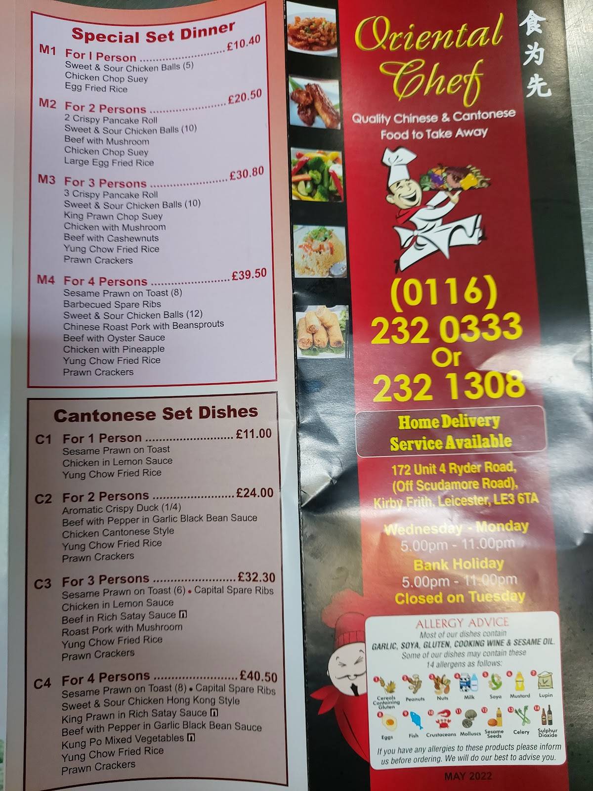 Menu at Oriental Chef fast food, Leicester, 172 Ryder Rd