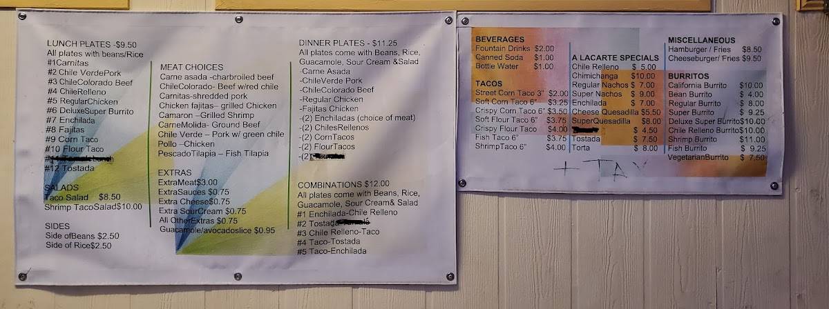 Menu at Oroville Tacos restaurant, Oroville