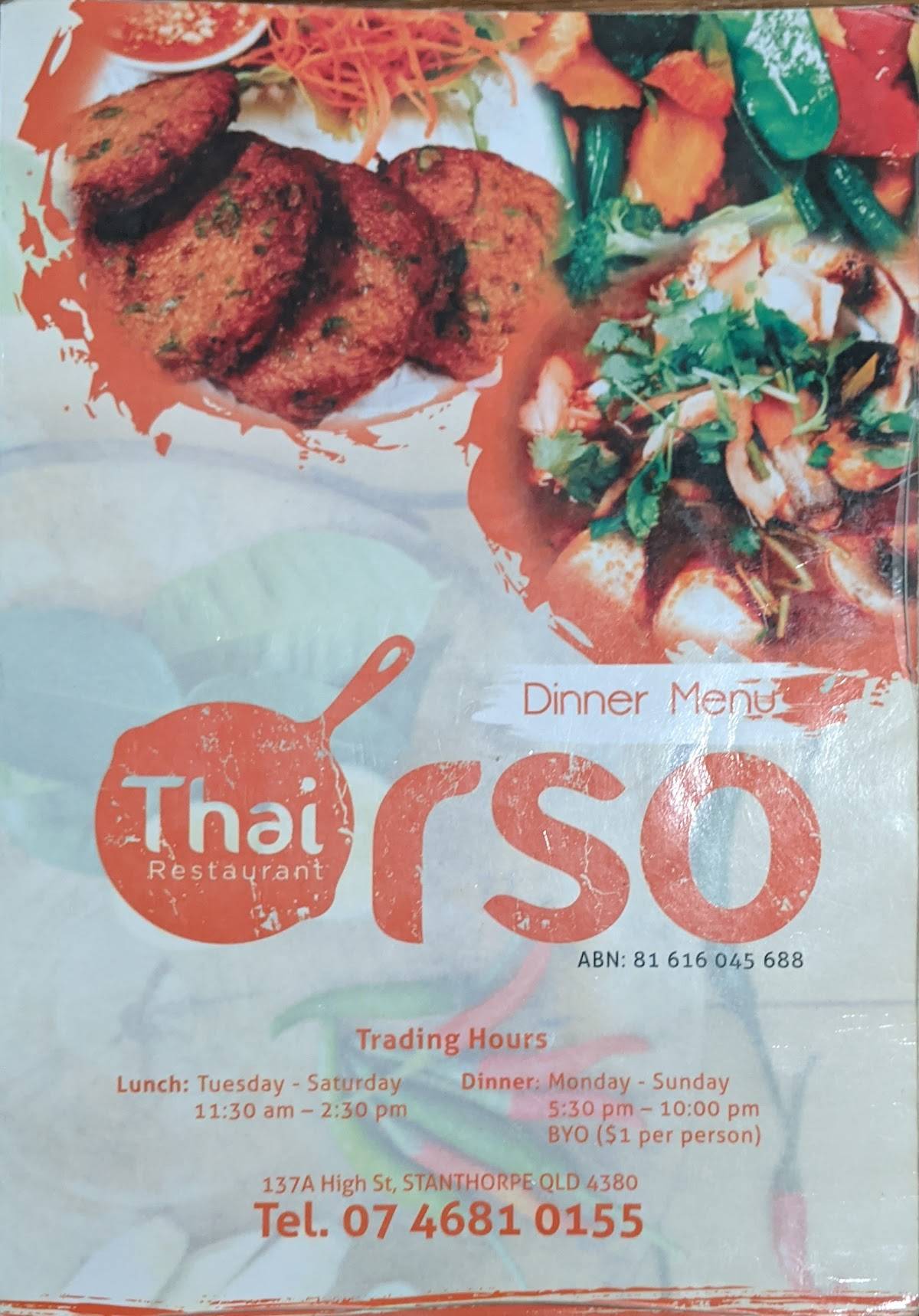 Menu at Orso Thai restaurant, Stanthorpe