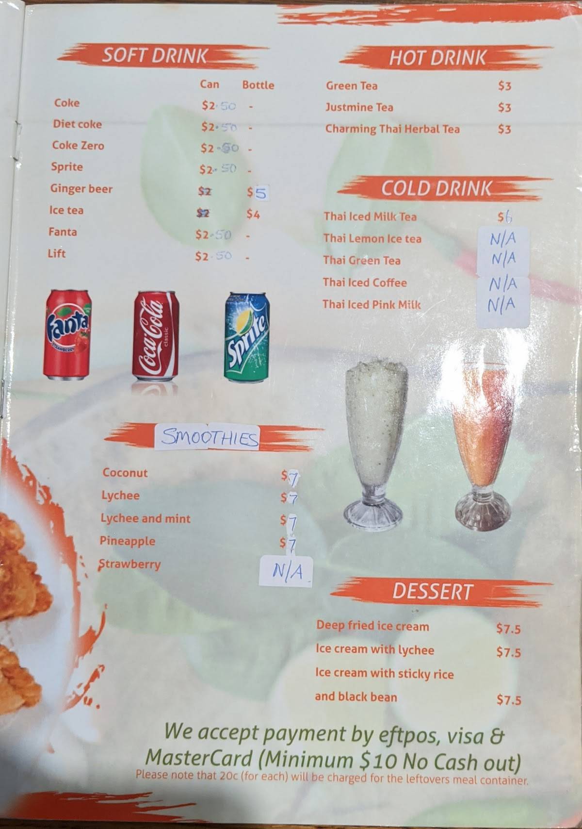 Menu at Orso Thai restaurant, Stanthorpe