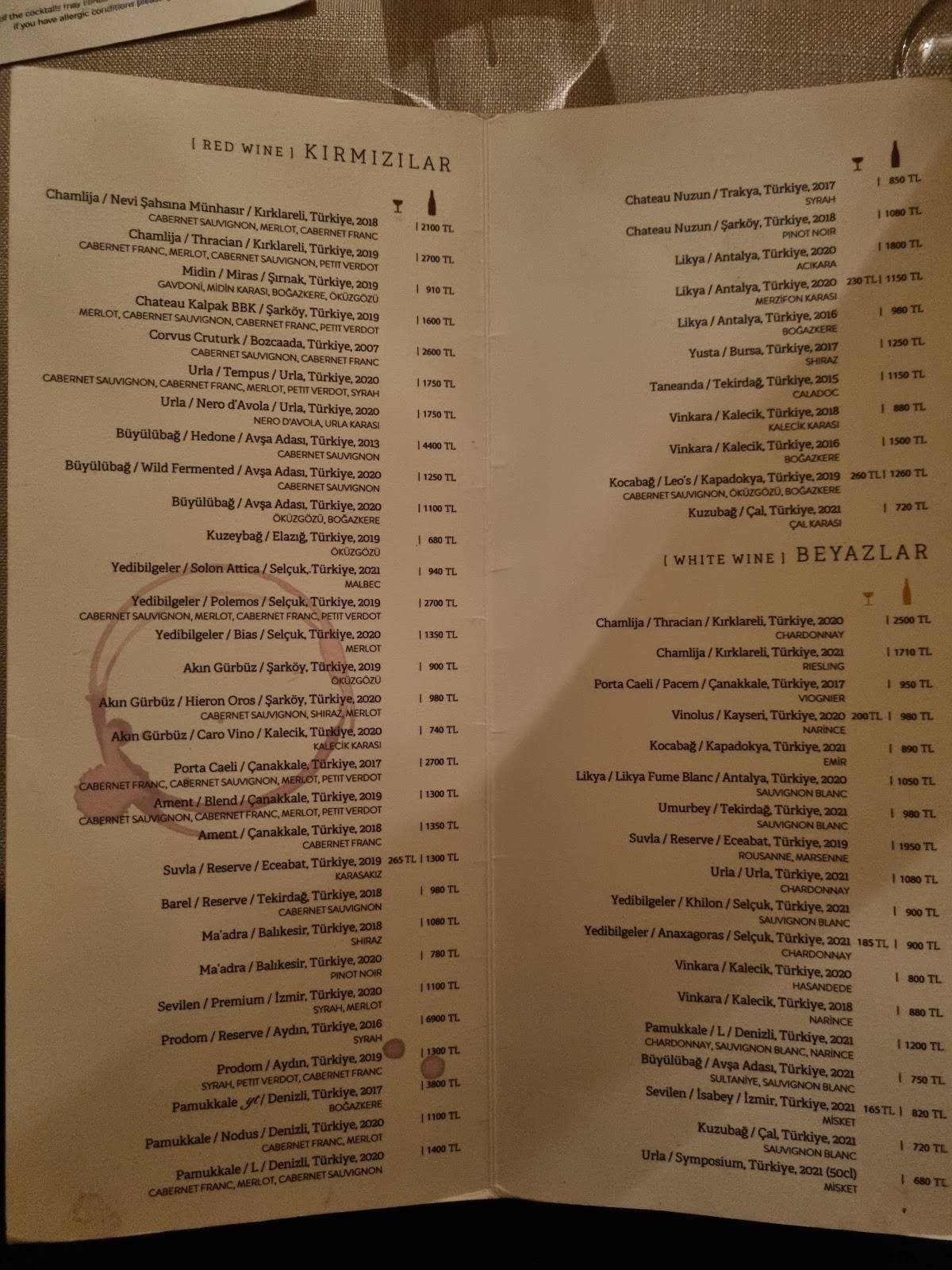 Menu at Oryantal 1741, Istanbul