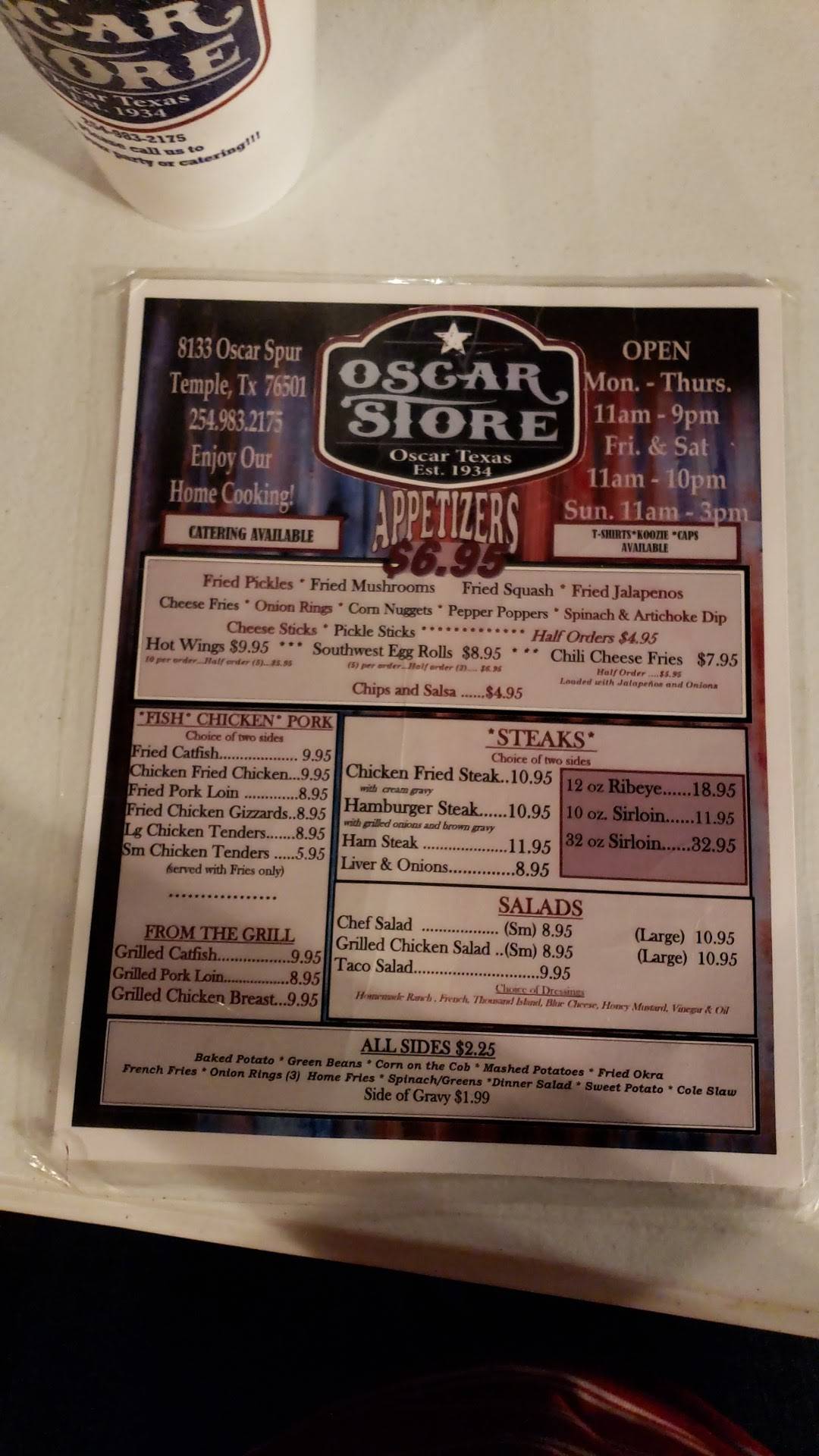 Menu at Oscar Store steakhouse, Temple, Oscar Spur