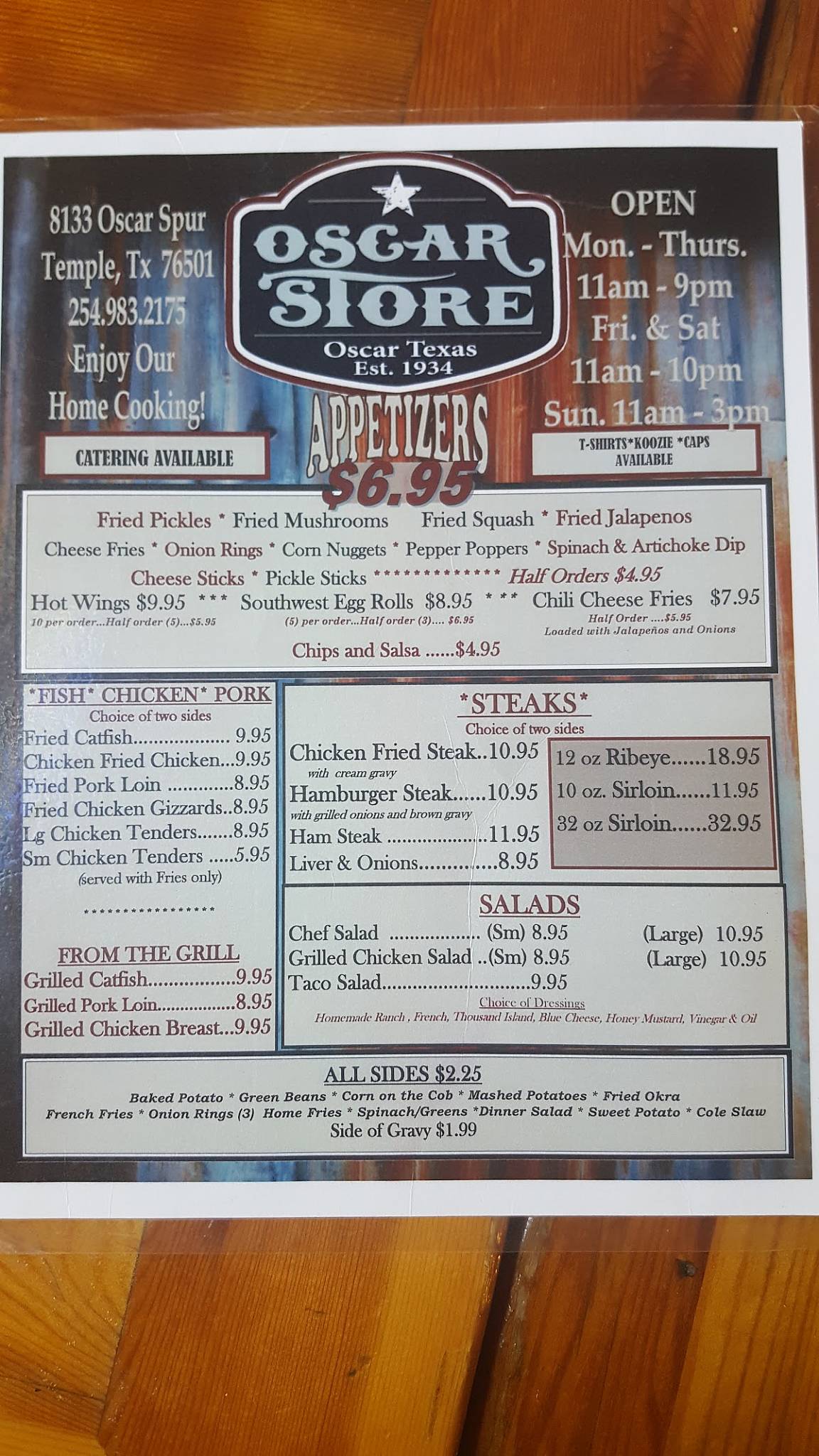 Menu at Oscar Store steakhouse, Temple, Oscar Spur