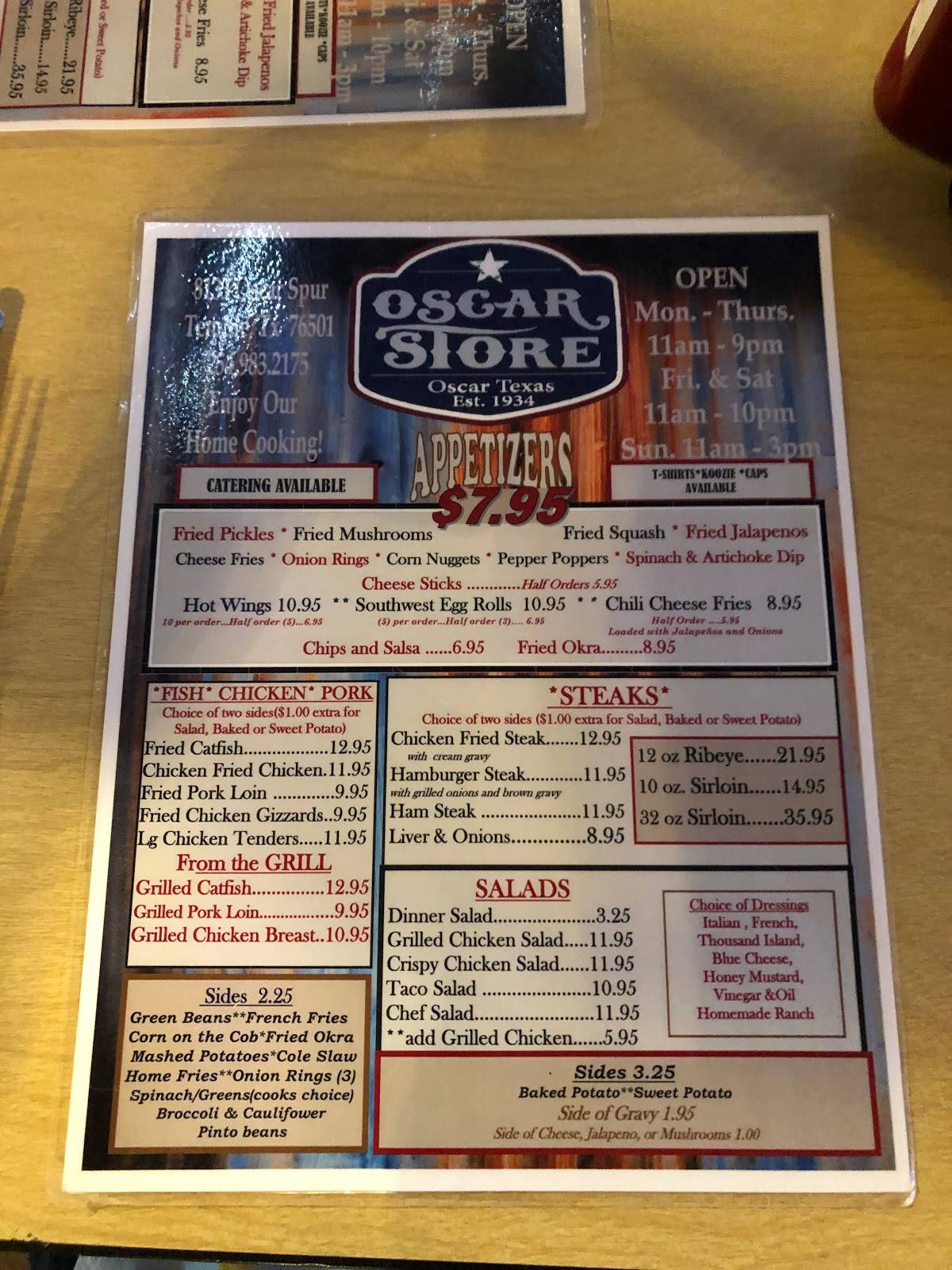 Menu at Oscar Store steakhouse, Temple, Oscar Spur