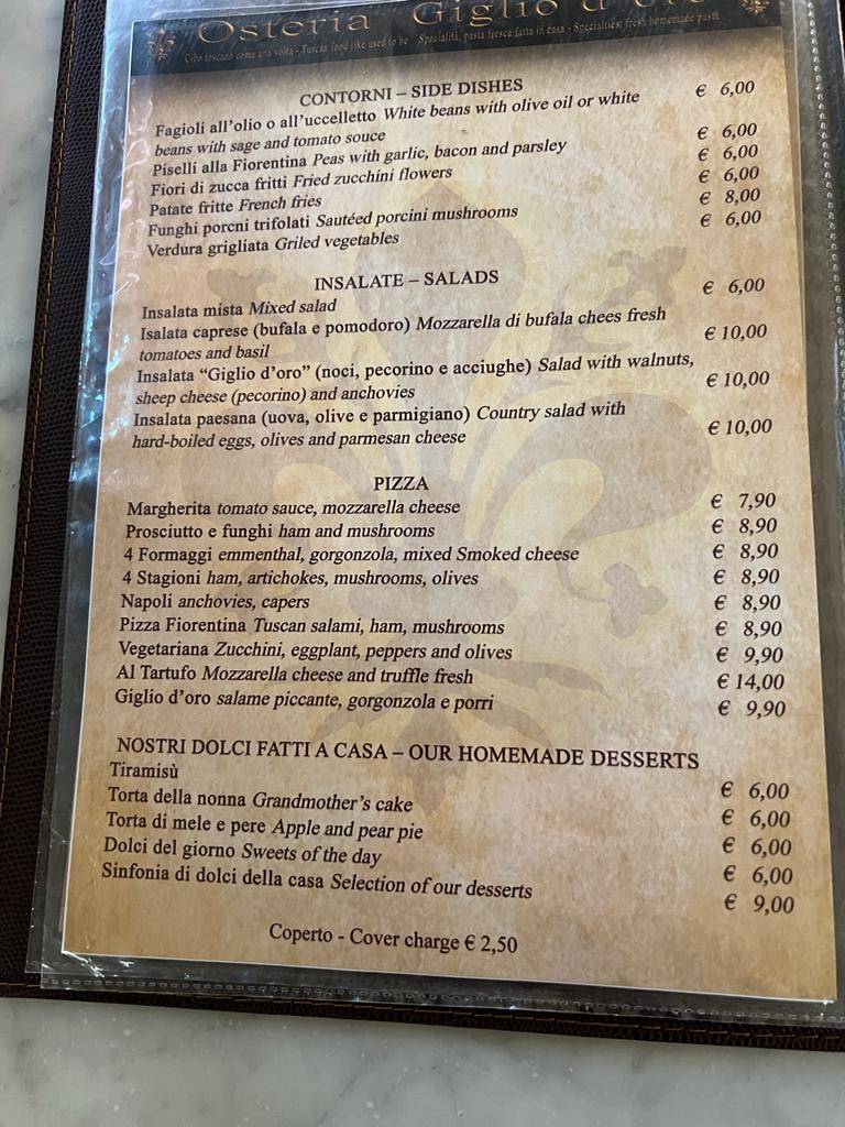 Menu da Osteria Giglio d'oro ristorante, Firenze