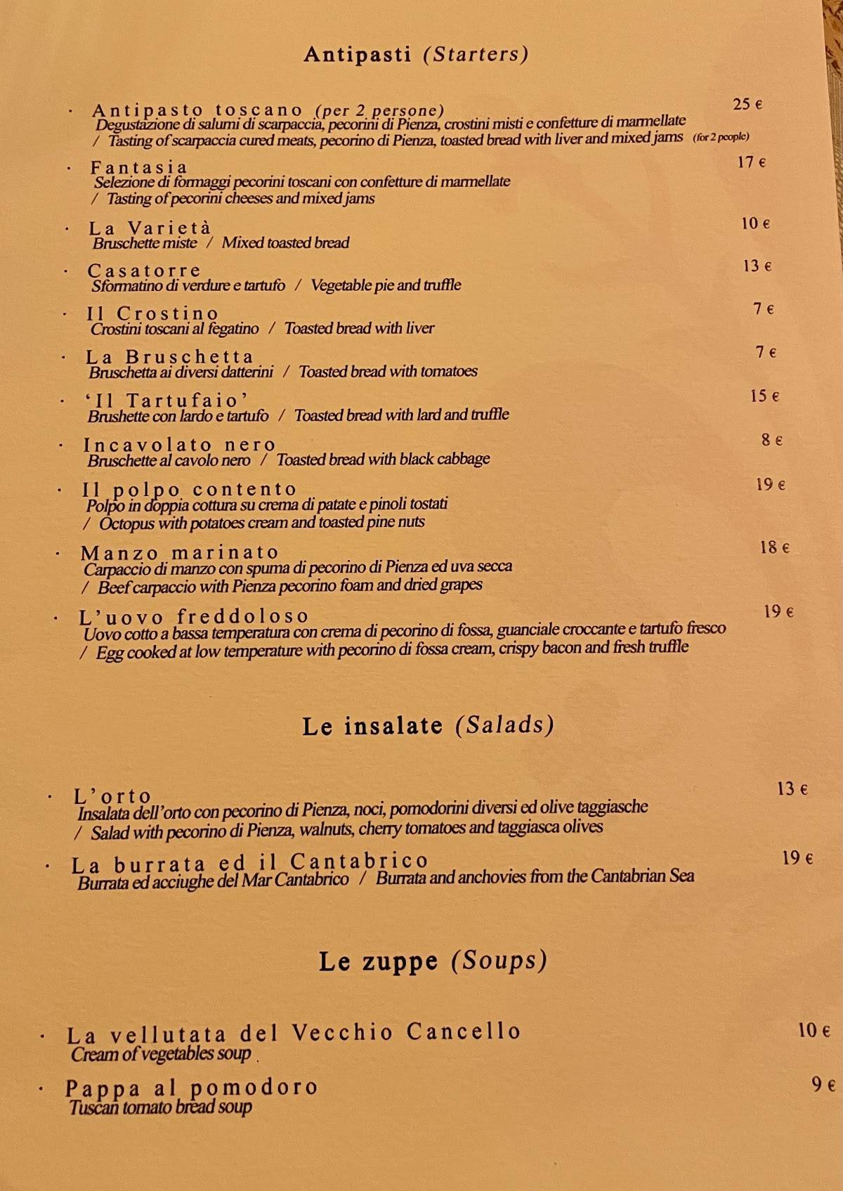 Menu at Osteria Vecchio Cancello restaurant, Florence