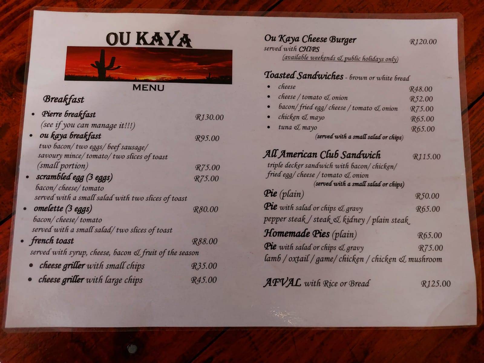 Menu at Ou Kaya Padstal restaurant, Wellington