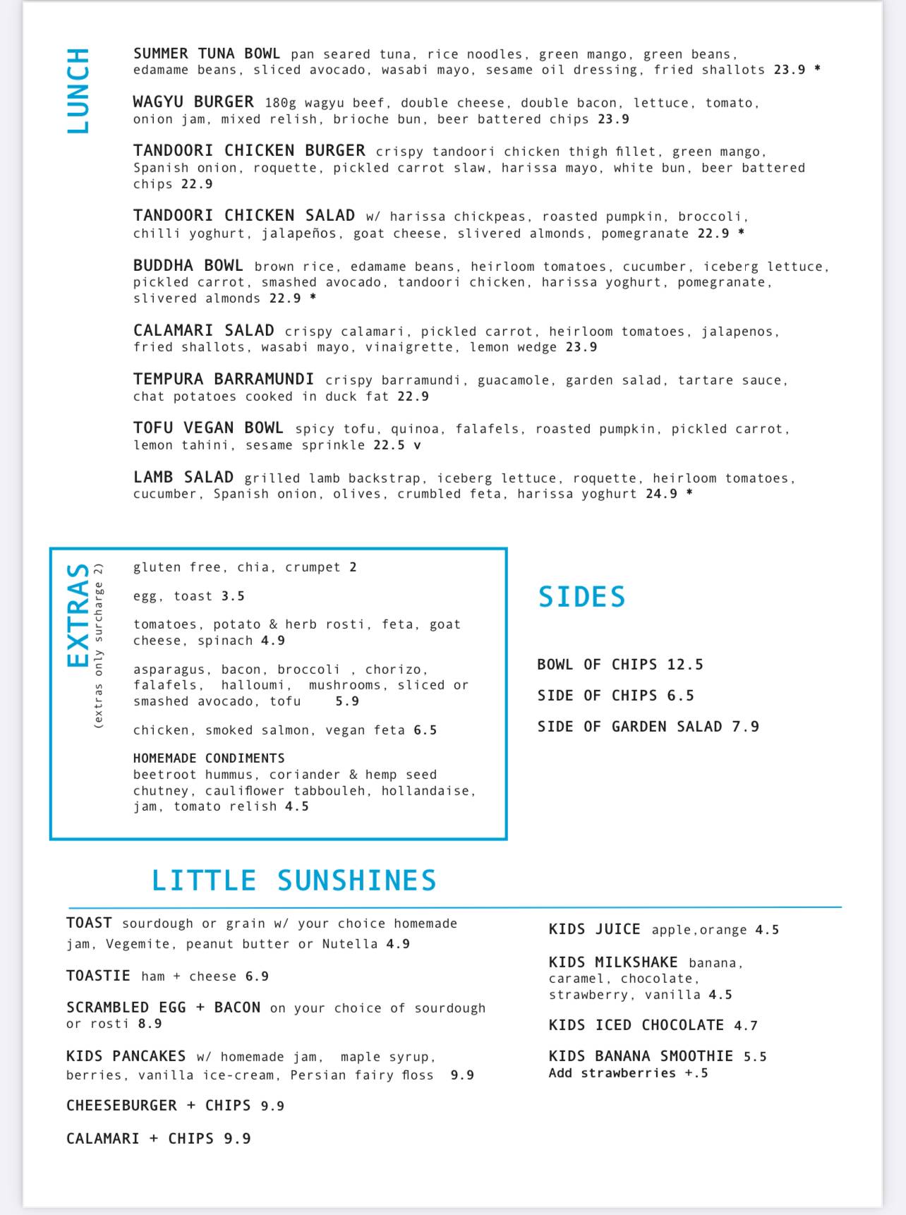Menu at Our Little Ray of Sunshine cafe, Sandringham