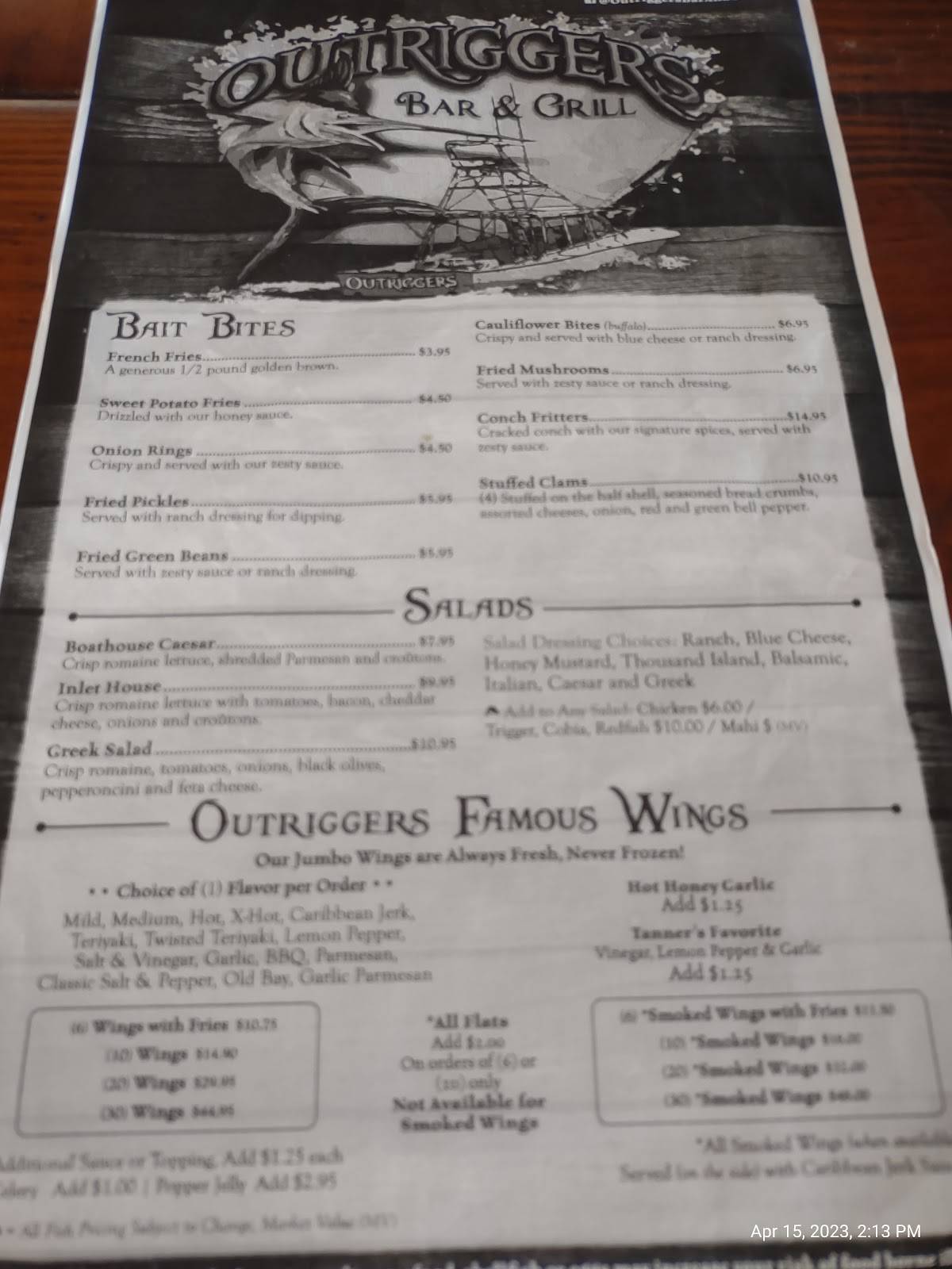 Menu at Outriggers Bar & Grill, Micco