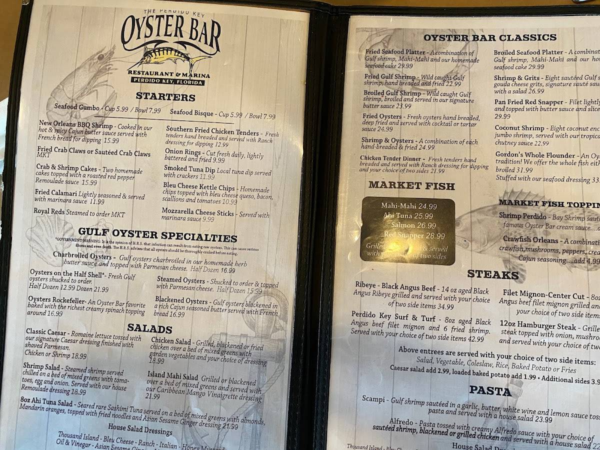 Menu at Oyster Bar Restaurant and Marina, Perdido Key