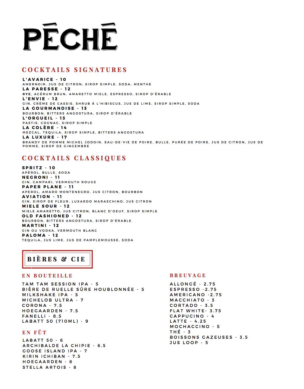 Menu at Péché cafe, Montréal
