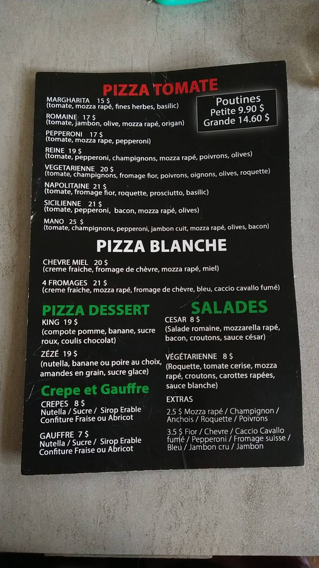 Carta del restaurante PIZZA MANO, Quebec