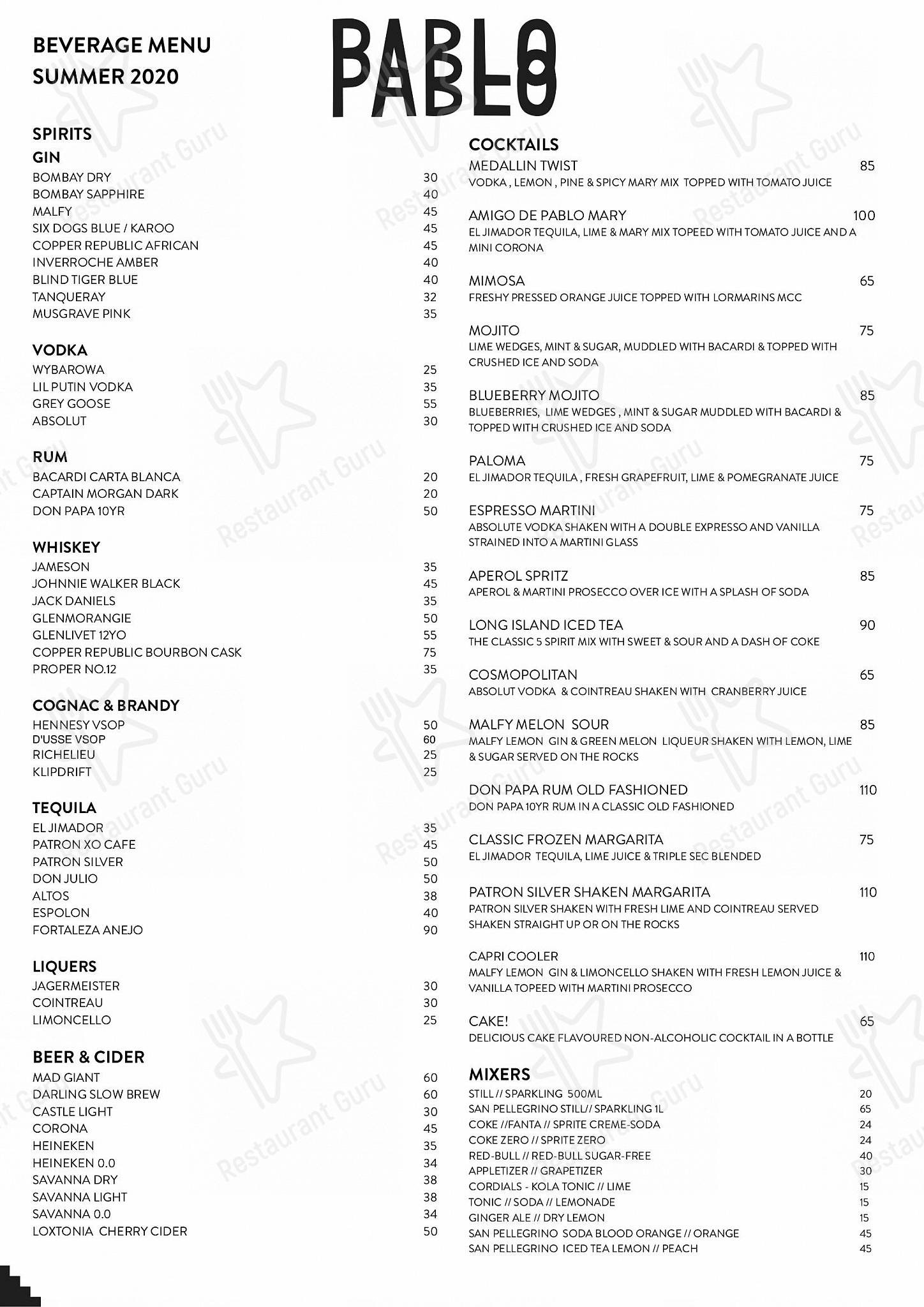 Menu at PABLO Sandton Restaurant, Sandton