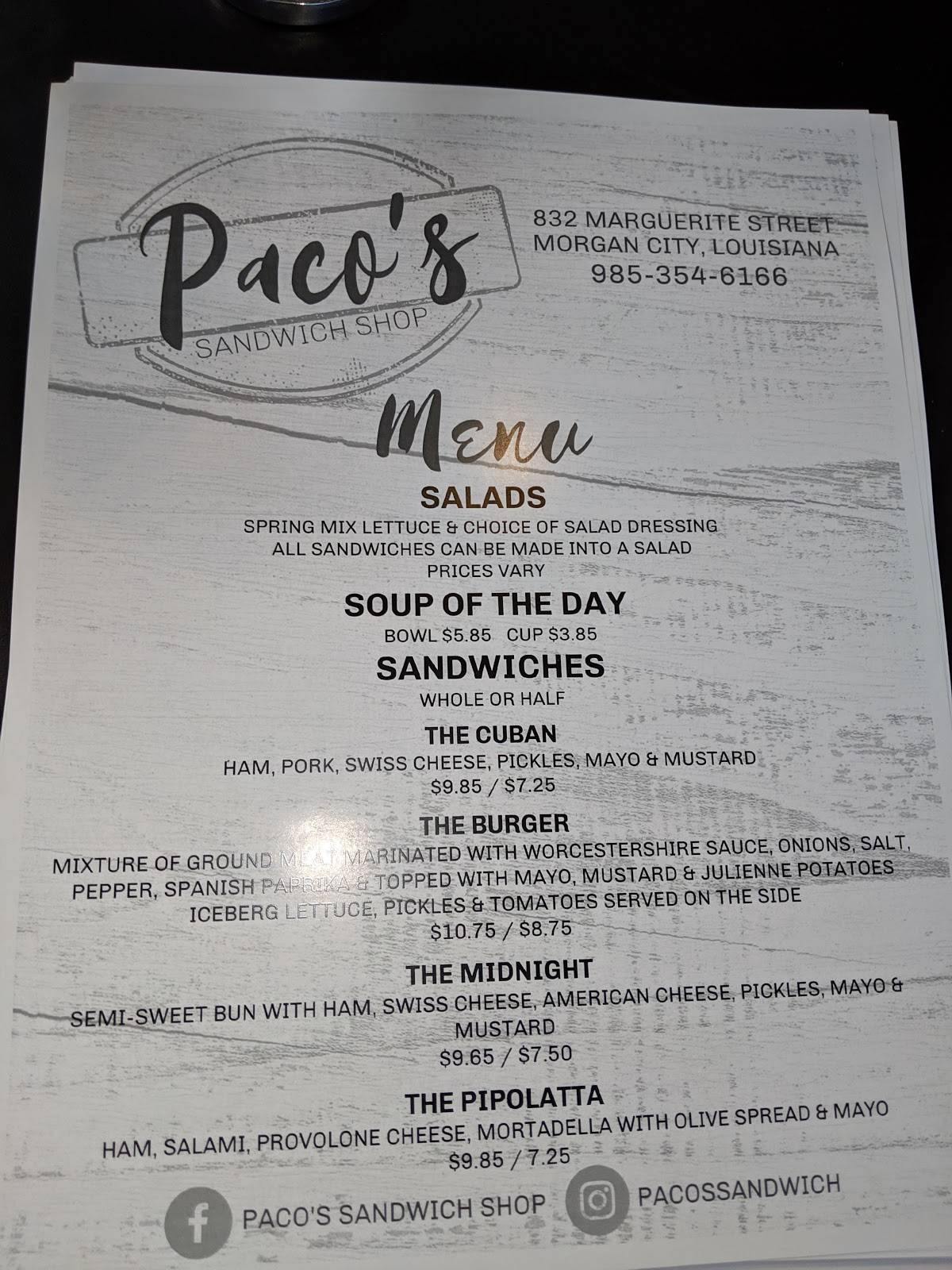 Menu at Paco's Sandwich Shop restaurant, Morgan City