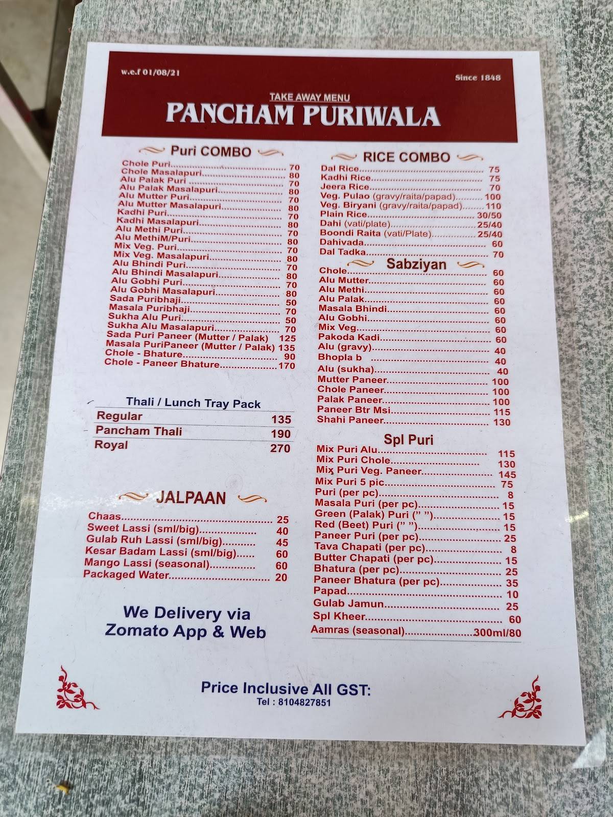 Menu at Pancham Puriwala, Mumbai
