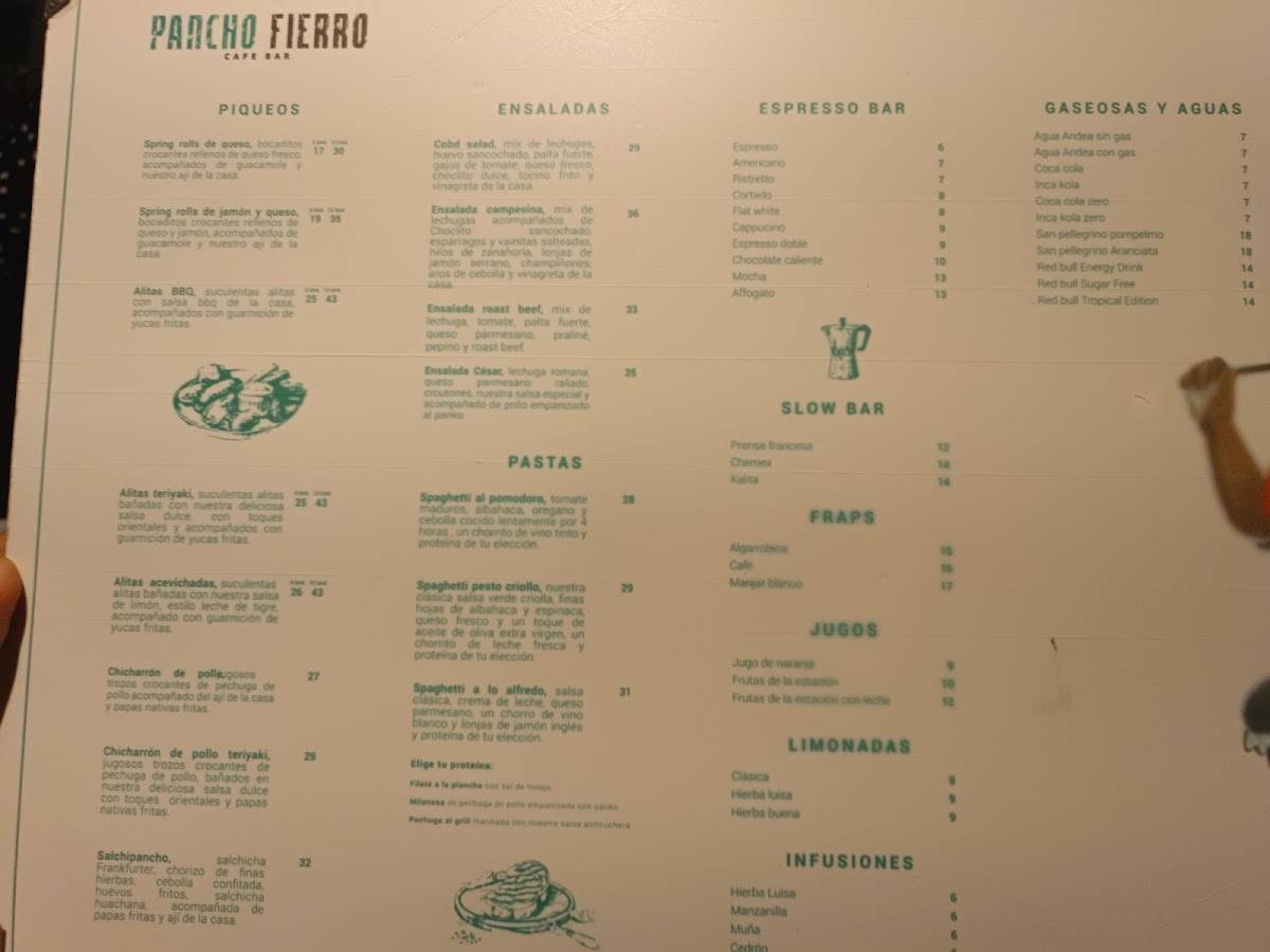 Carta de Pancho Fierro Café Bar, Lima, Jirón de la Unión 1066