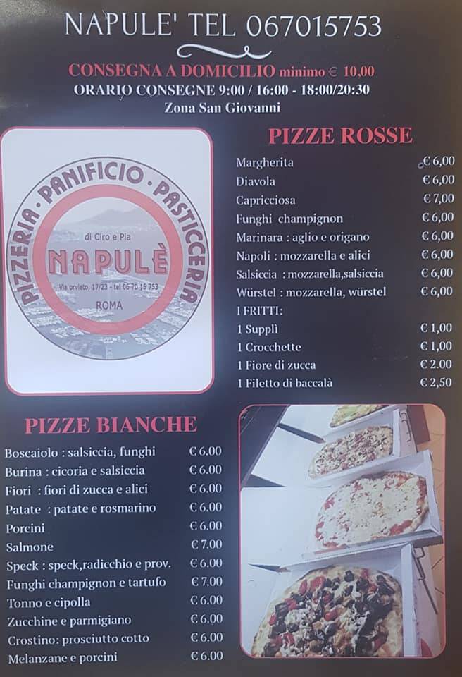 Menu da Panificio Napulè, Roma