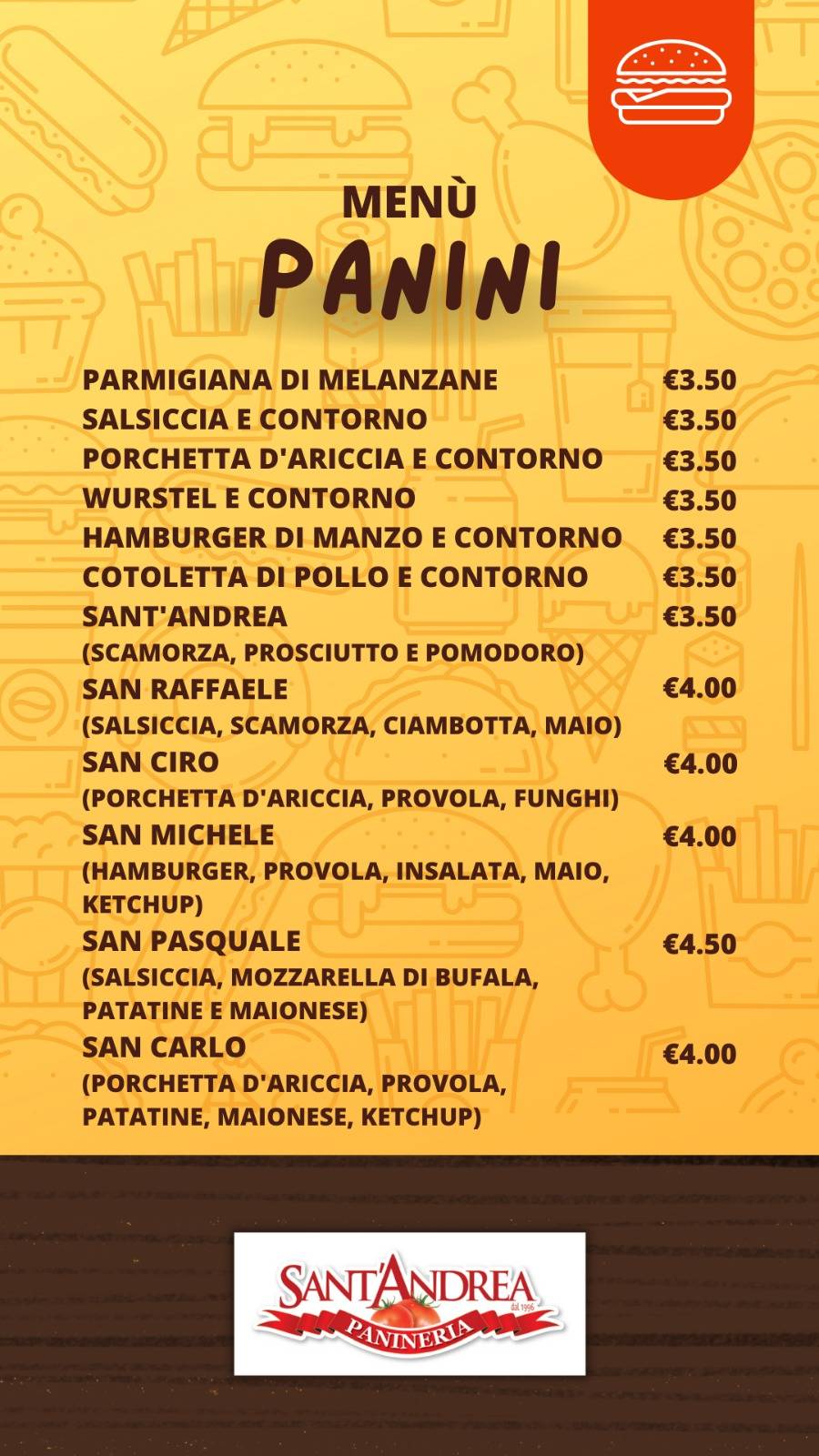 Menu da Paninoteca Sant’Andrea pizzeria, Salerno, Piazza Sedile del Campo