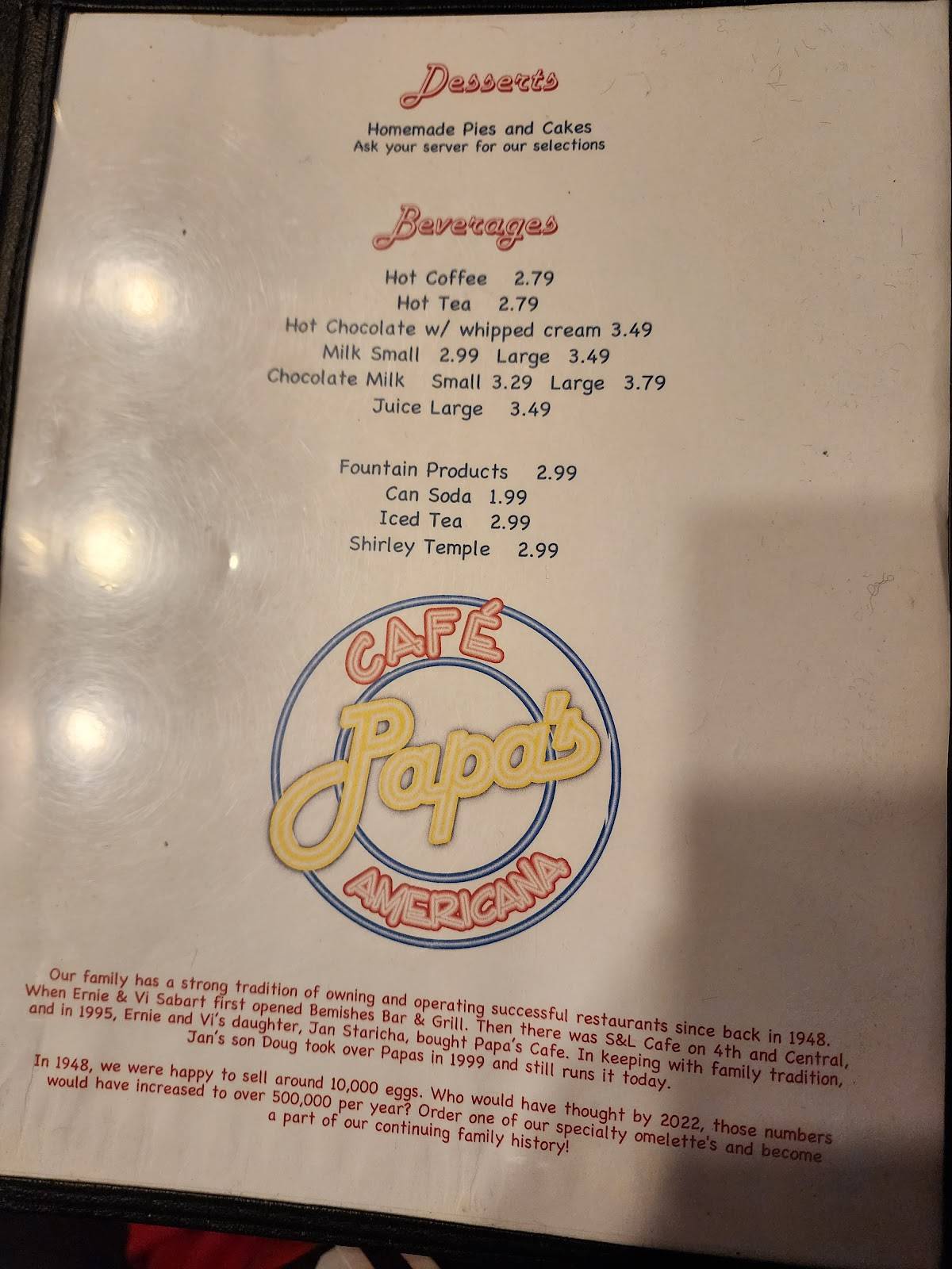 Menu at Papa's Cafe, Minneapolis