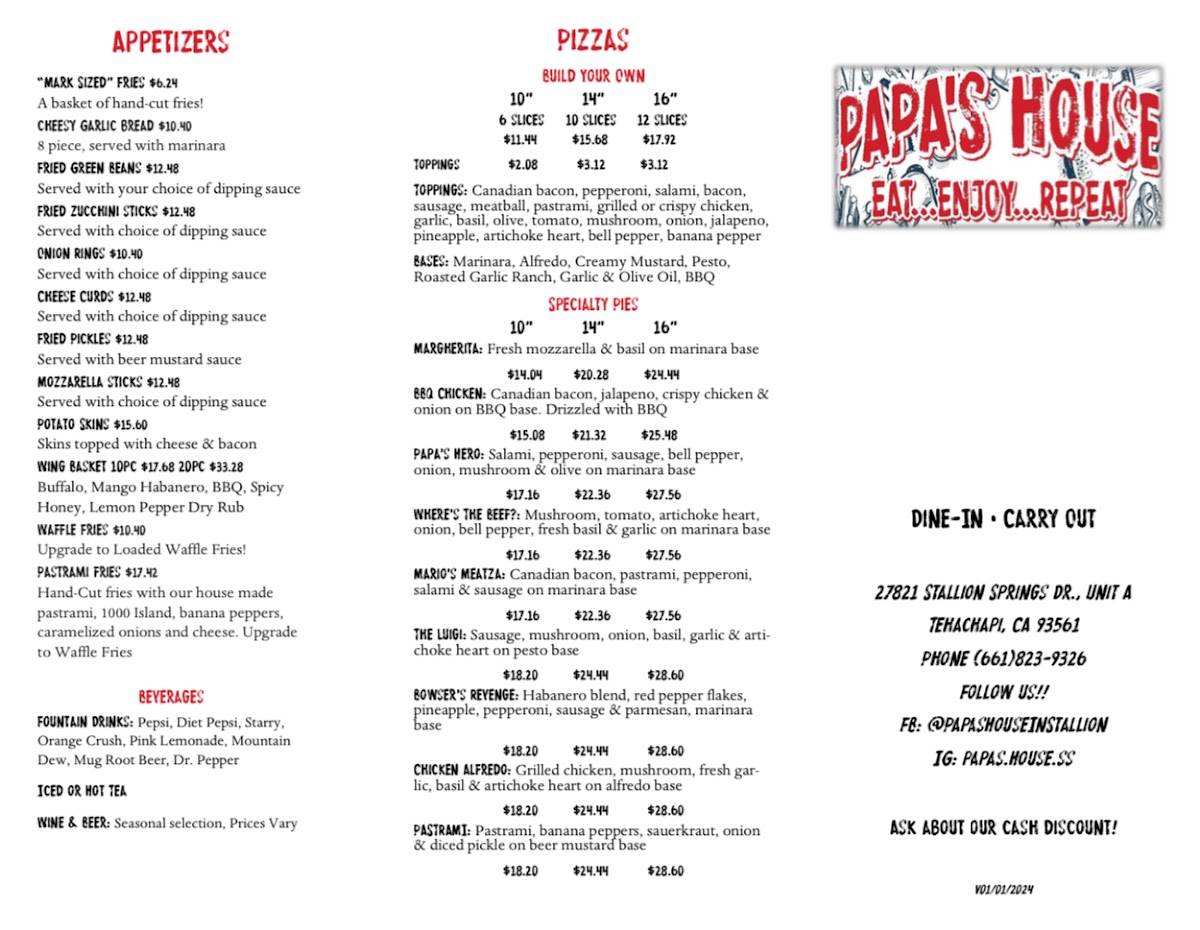 Menu at Papa’s House pizzeria, Tehachapi