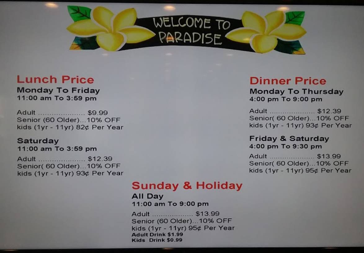 Menu at Paradise Buffet restaurant, Murray