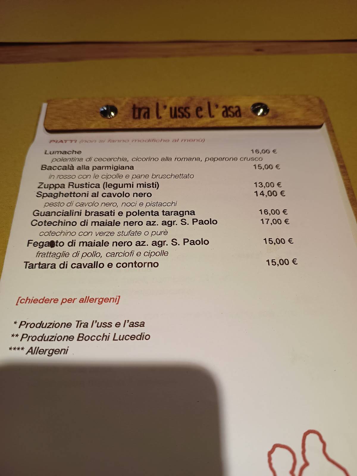 Menu da Tra L'uss e L'asa ristorante, Parma