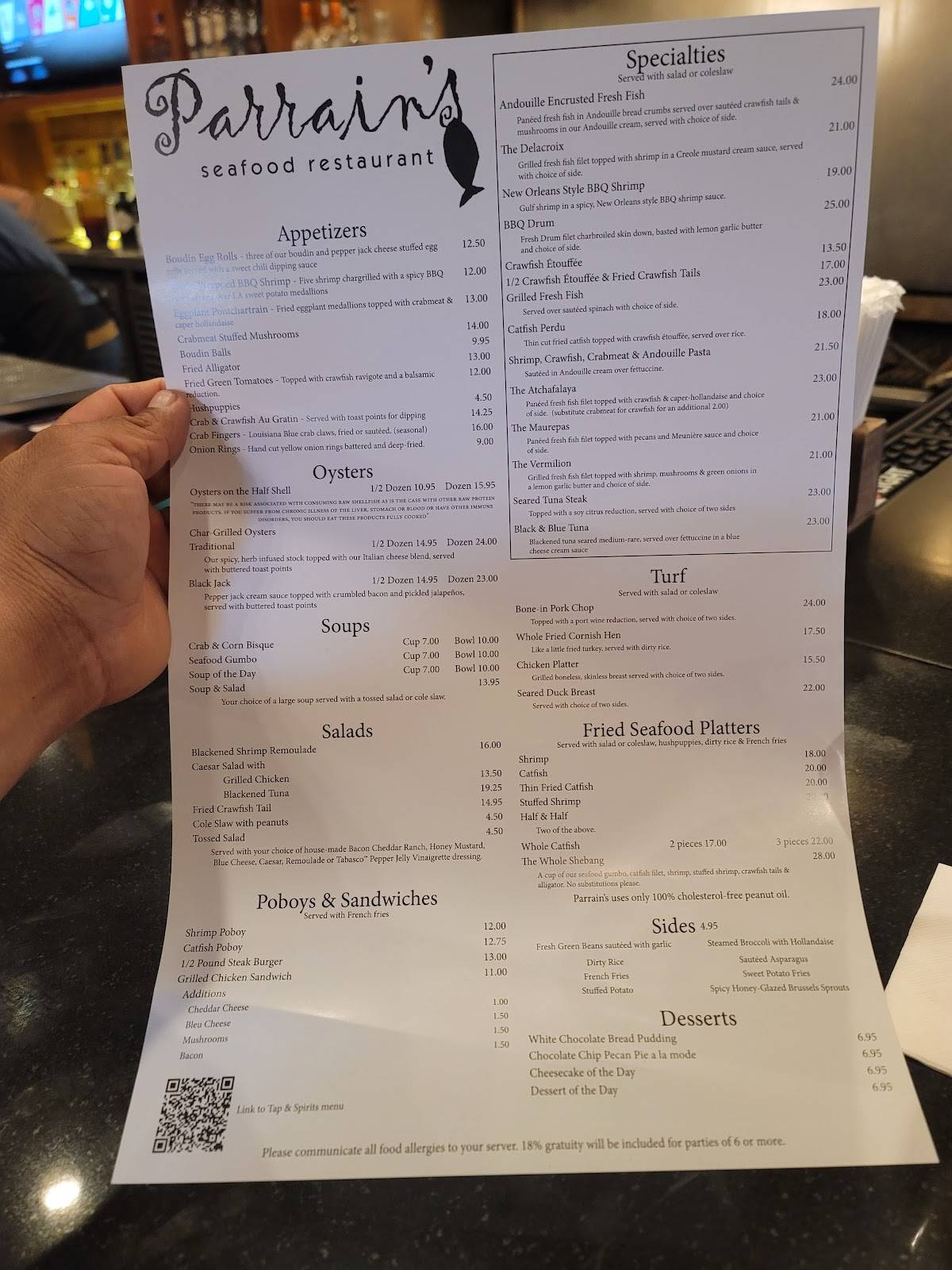 Menu at Parrain's Seafood Restaurant, Baton Rouge