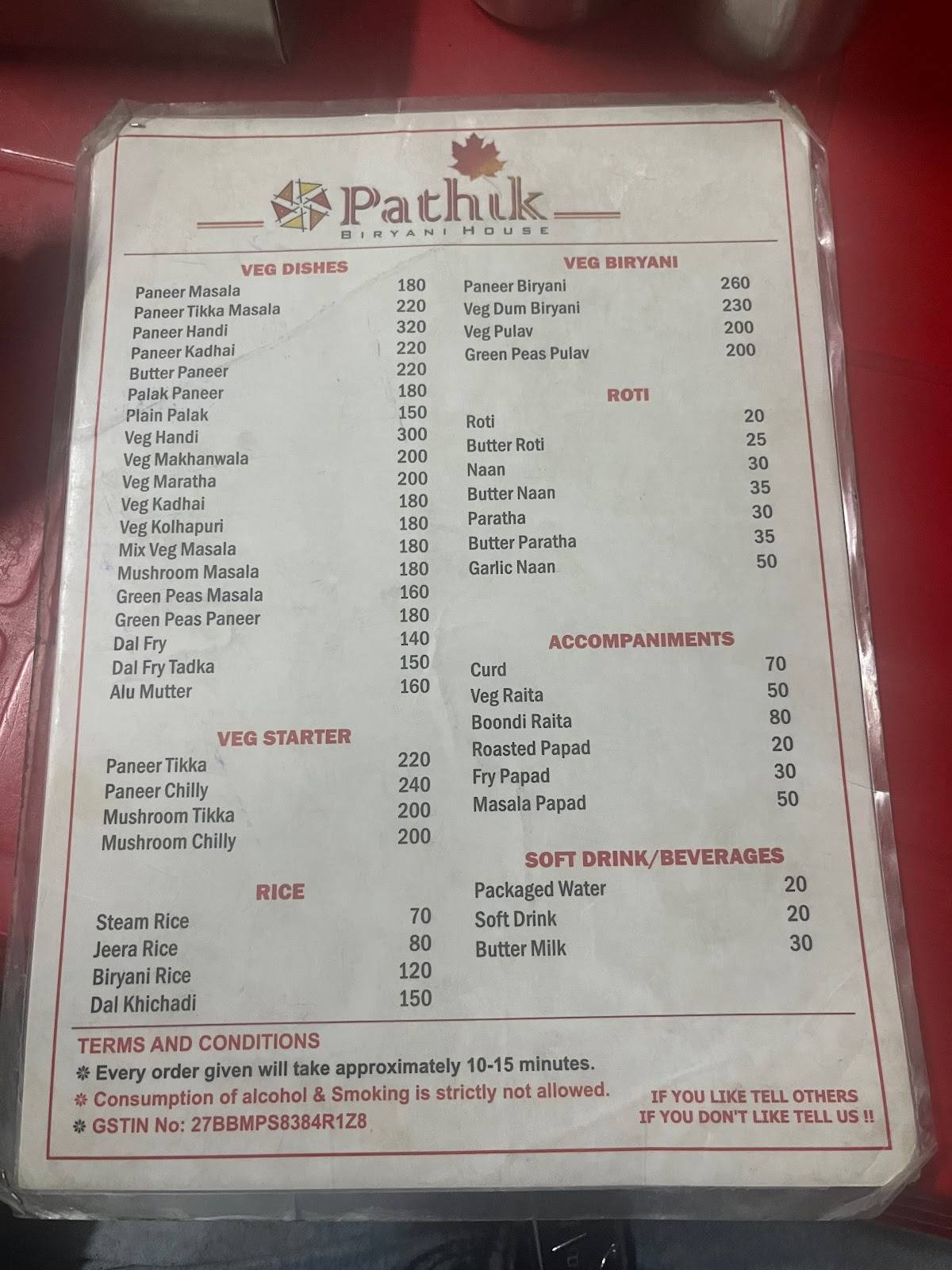 Menu at Pathik Biryani House, Pimpri-Chinchwad, CV Plant