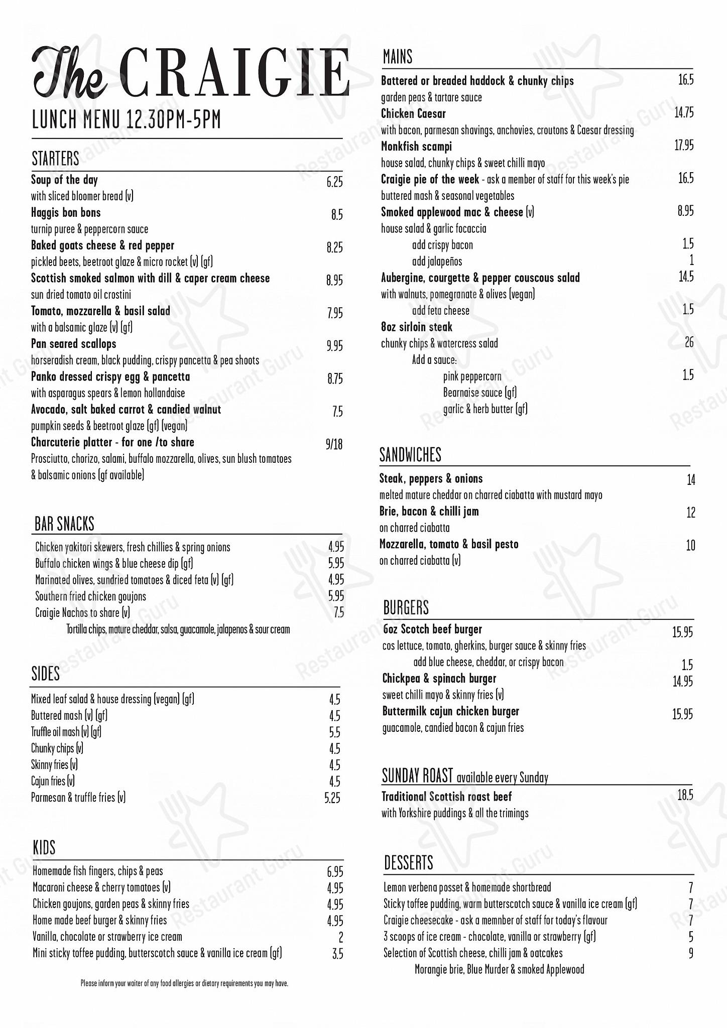 Menu at The Craigie Hotel pub & bar, Penicuik