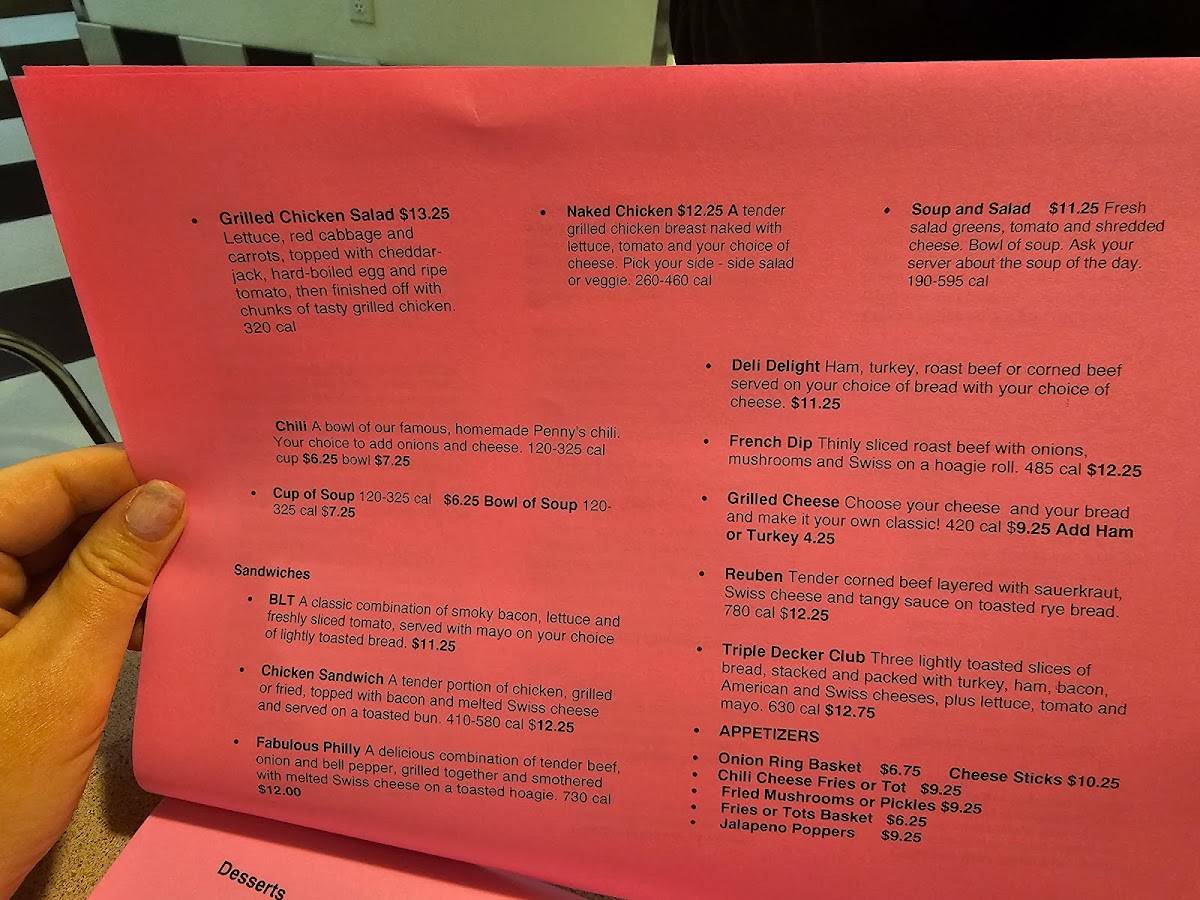 Menu at Penny's Diner restaurant, Dunsmuir
