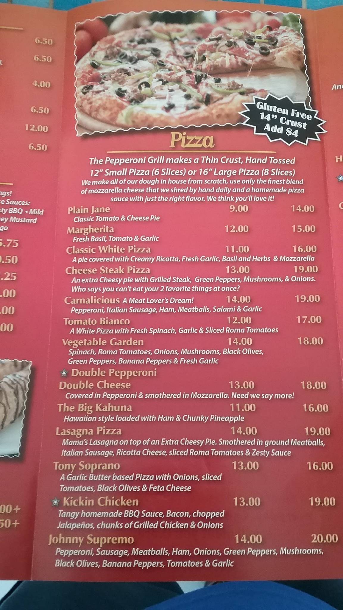 Menu at Pepperoni Grill at the Beach pizzeria, Oak Island