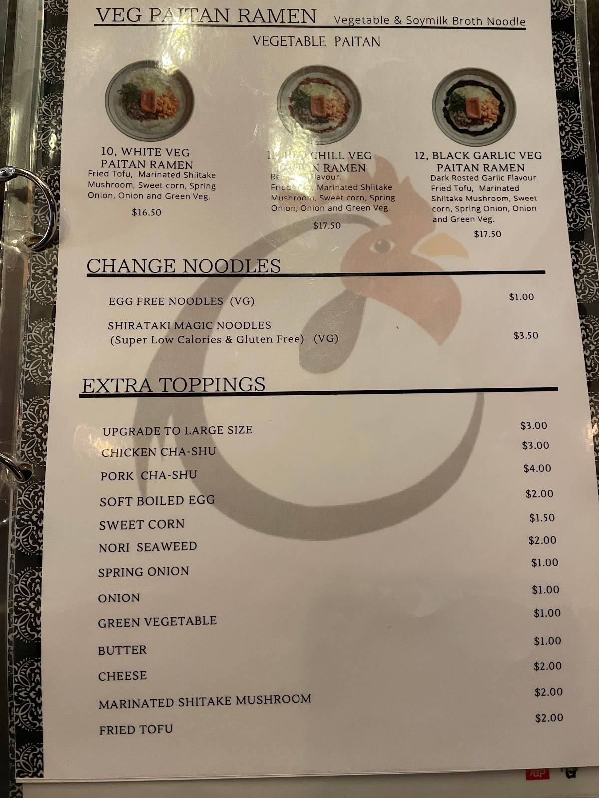 Menu at Tosaka Ramen Bar, Northbridge