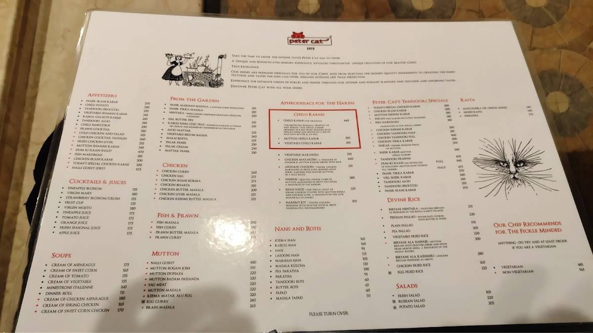 Menu at Peter Cat, Kolkata