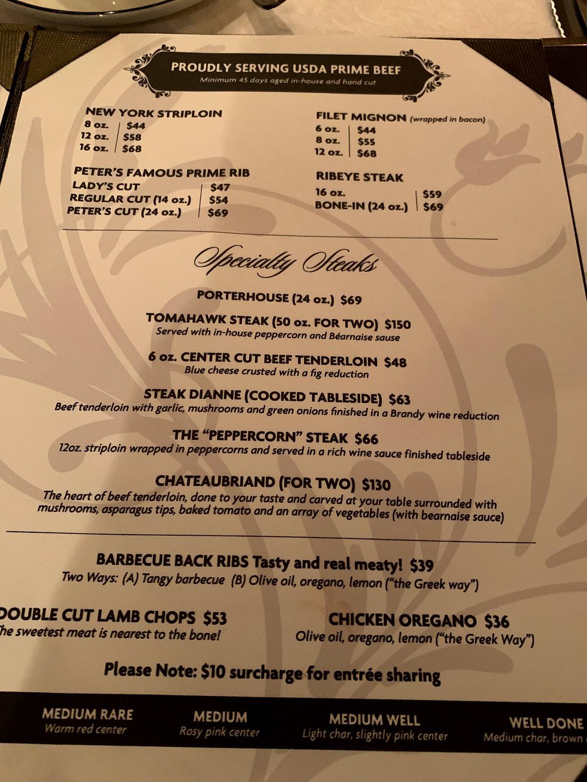 Menu at Peters Fine Dining steakhouse, Markham