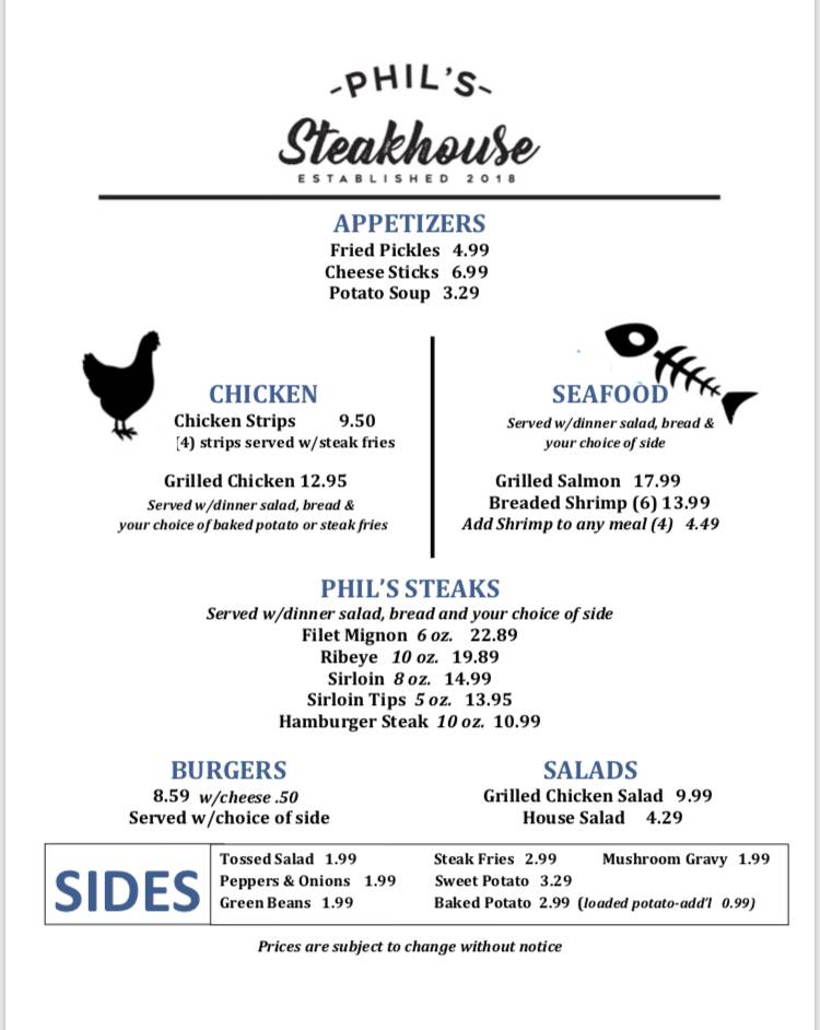 Menu at Phil's Steakhouse, Pacolet