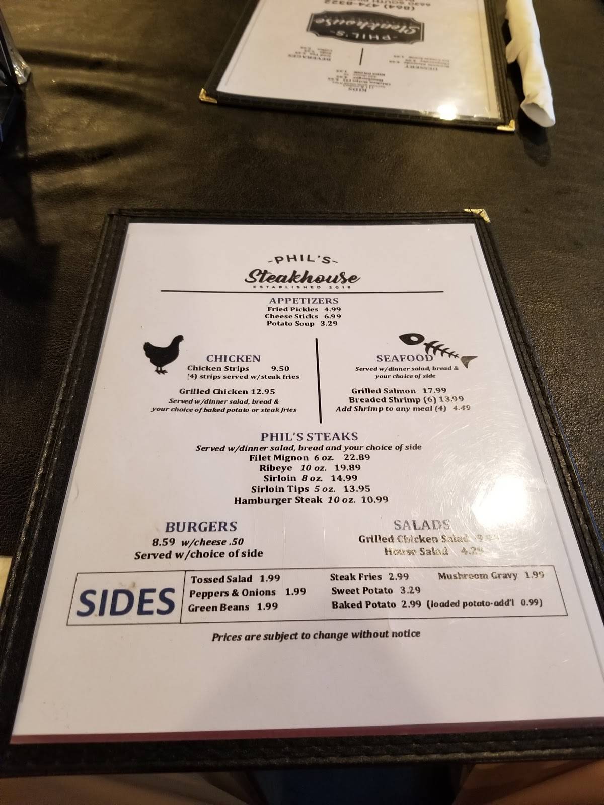 Menu at Phil's Steakhouse, Pacolet