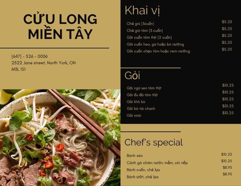 Menu at Pho Cuu Long Mien Tay restaurant, Toronto, Jane St