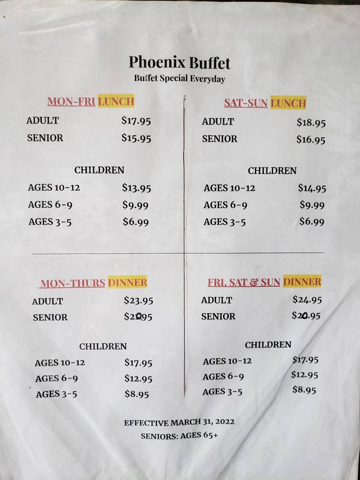 Menu at Phoenix Buffet restaurant, Red Deer
